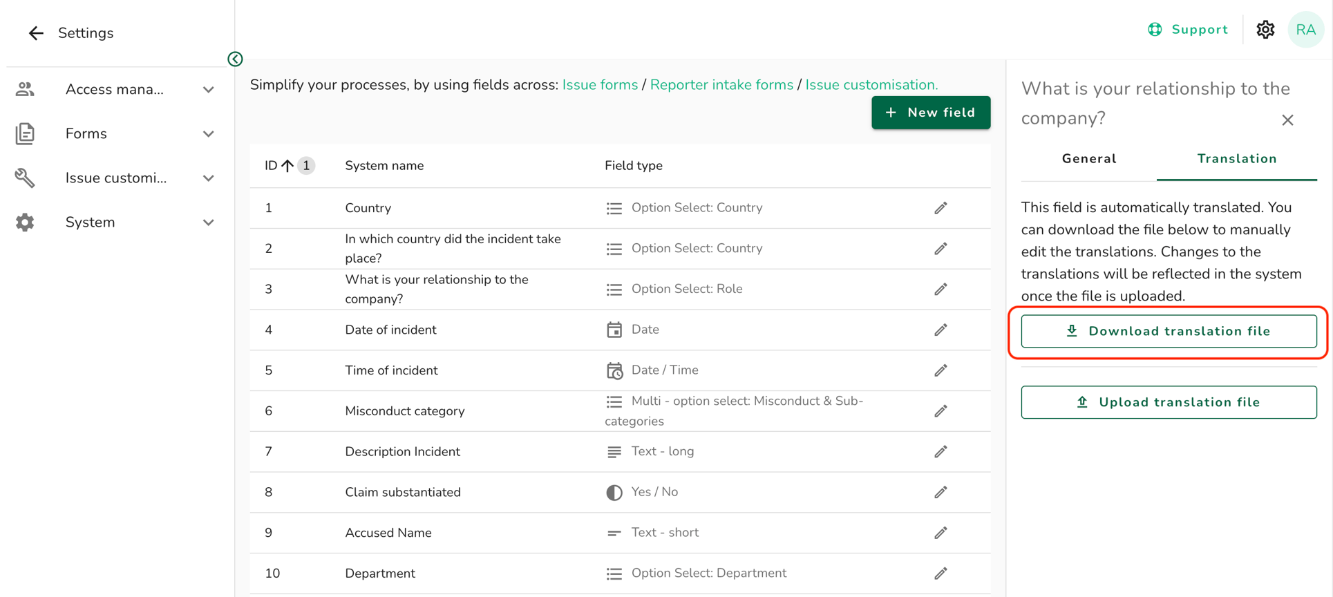 How do I customise the translation of the option list and field on the ...